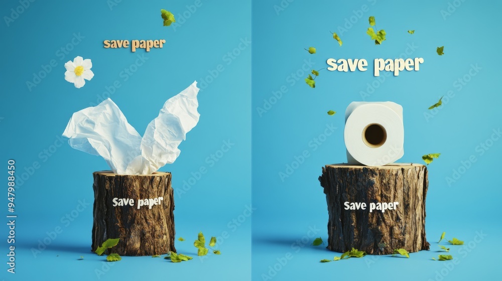 Bright, conceptual image with a blue background, featuring a tree stump ...