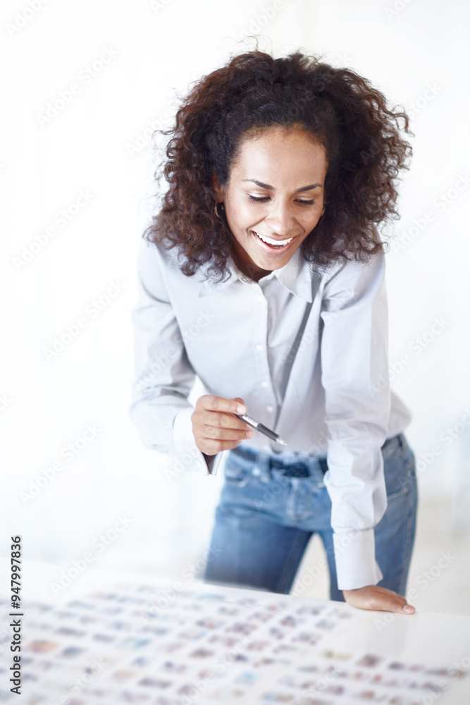 Smile, woman and creative paperwork in office as photo journalist ...