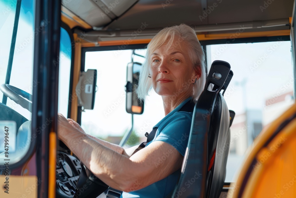 Portrait of mature woman driving a school bus. Portrait of mature woman ...