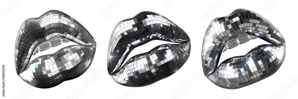 Shiny disco mirror lips isolated. 80s 90s Glossy chrome disco lips made ...