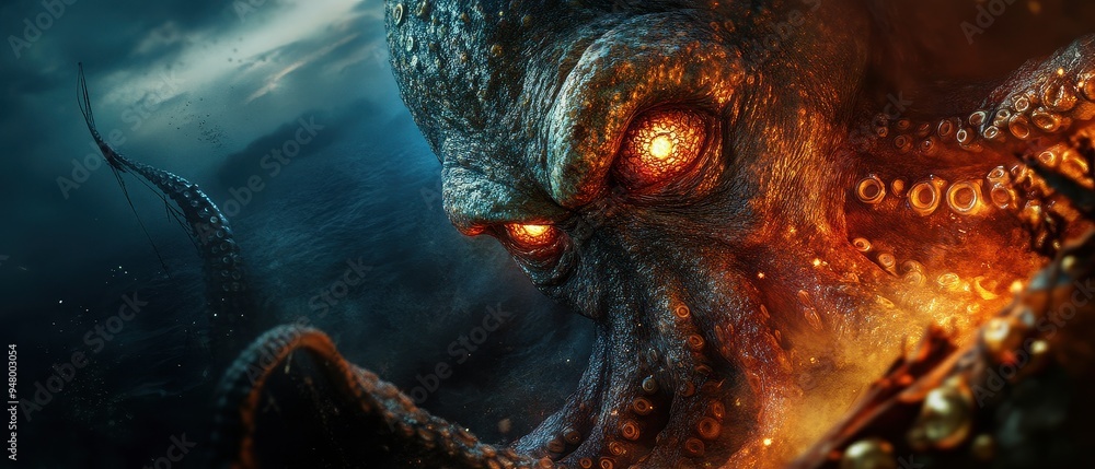 Epic Underwater Scene Featuring a Majestic Giant Octopus with Glowing ...