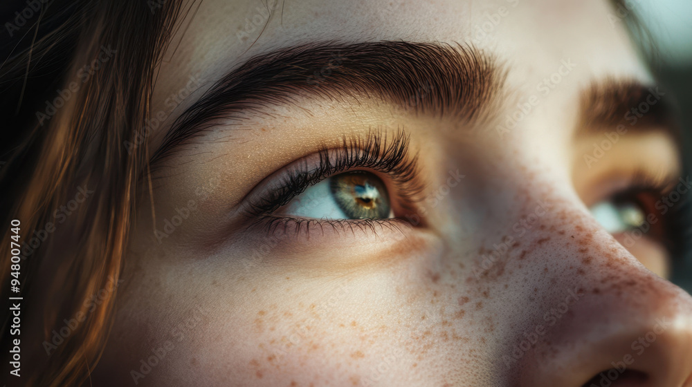 Thoughtful gaze highlighting beauty of expressive eyes and freckles ...
