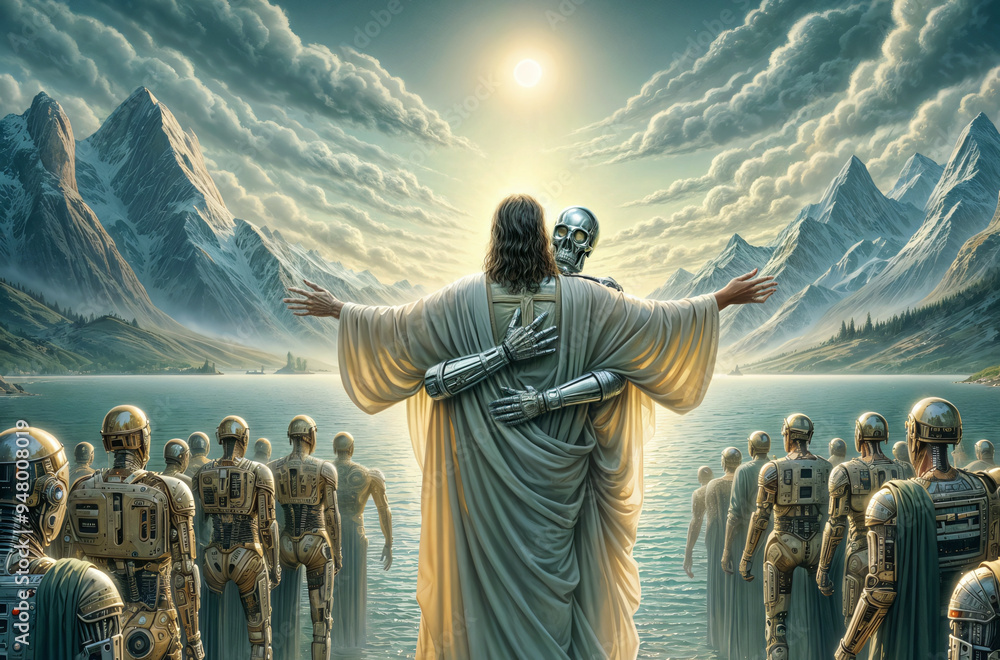 jesus and robot hugs Stock Illustration | Adobe Stock