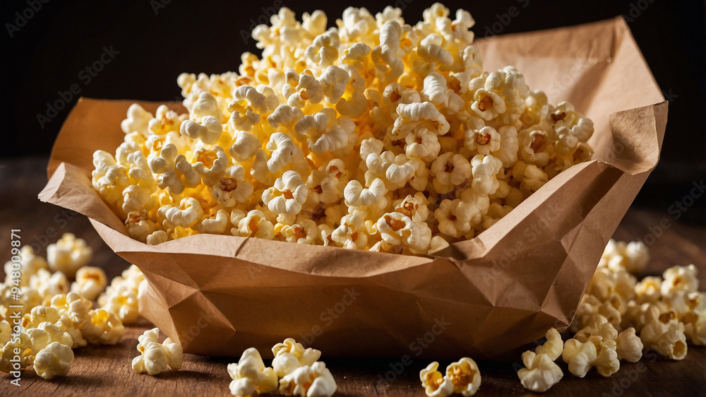 Paper bag of freshly popped popcorn spilling onto dark wooden surface ...