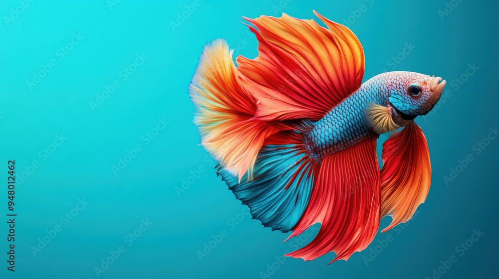 A close-up of a colorful betta fish with flowing, vibrant fins against ...
