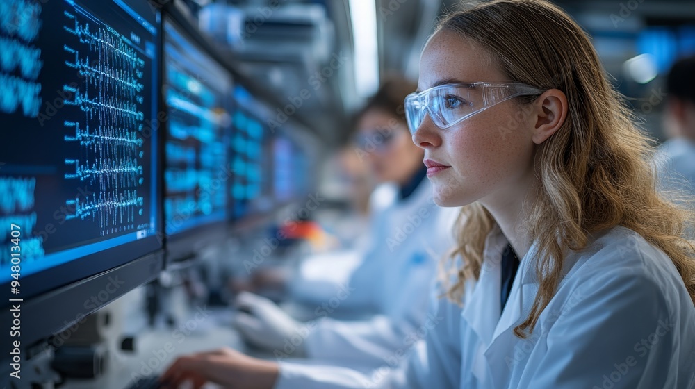 Researchers in a lab analyzing CRISPR data on computer screens in a ...