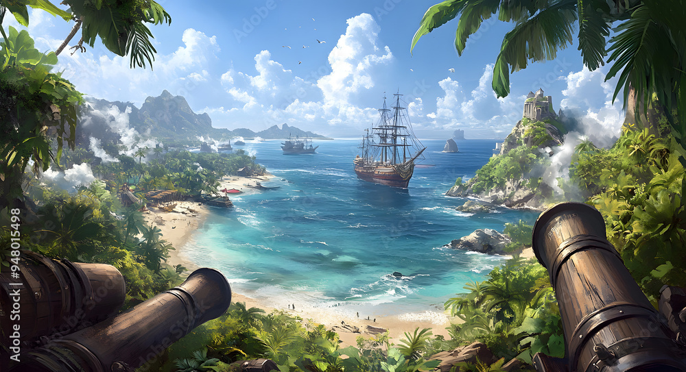 Pirate Scene in Sea of Thieves Game Style with a Pirate Ship on Stormy ...