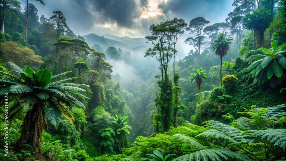 Dense, misty Sinharaja Forest Reserve in Sri Lanka, with towering trees ...