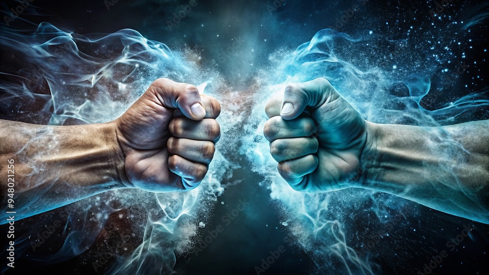Dramatic close-up of two disembodied hands clenched into fists, frozen ...