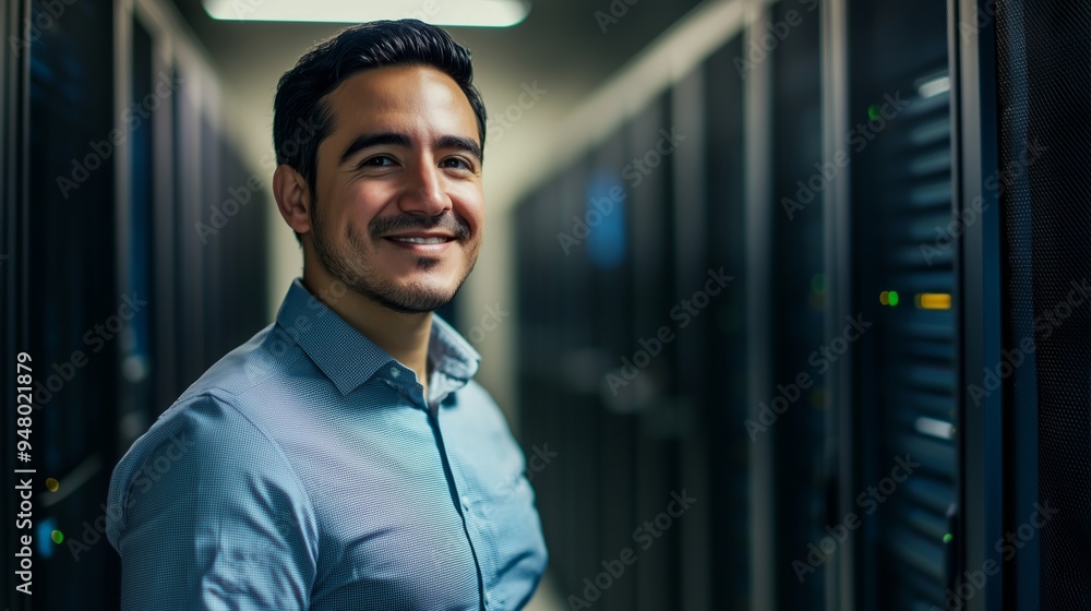 A young professional smiling confidently in a modern data center filled ...