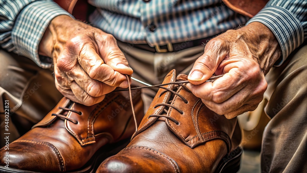 Elderly hands, wrinkled and aged, carefully threading laces through ...