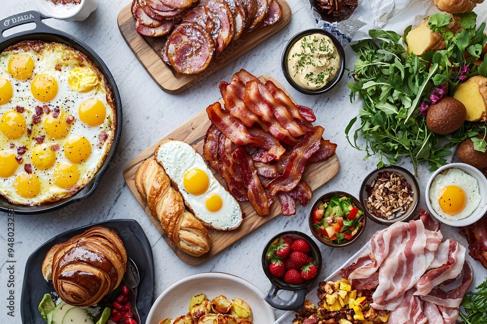 Brunch spread with a variet of dishes pastries. Village Breakfast with ...