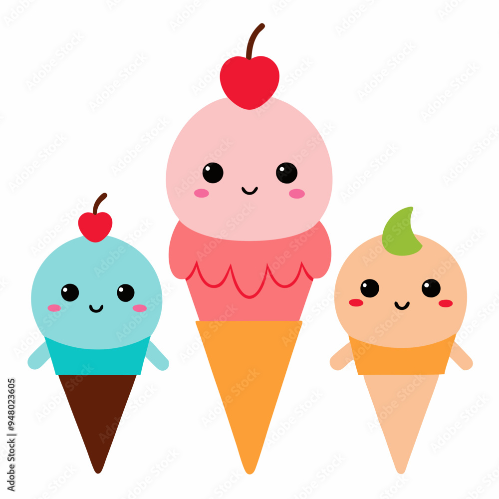 Smiling Ice Cream Cone Family Vector Illustration - Cute Cartoon ...