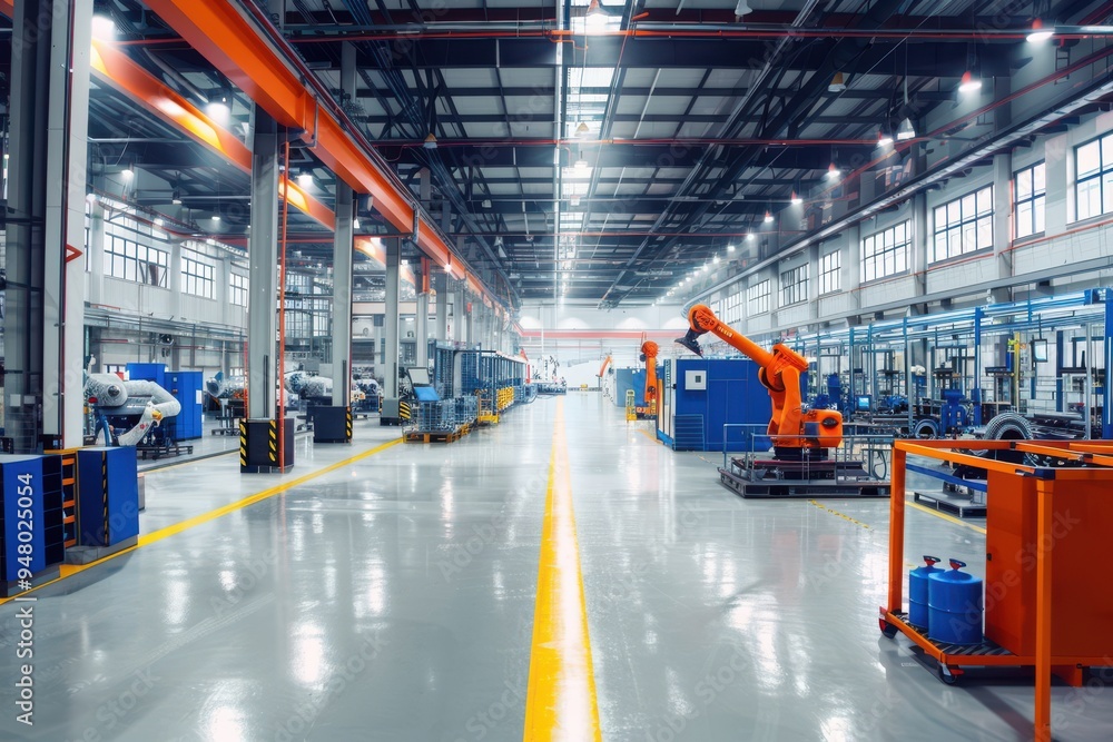 Modern factory & aisle Horizontal image of huge new modern factory with ...
