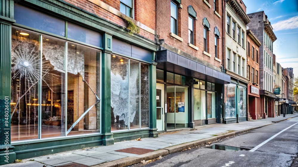 Empty city streets with closed storefronts, shattered storefront glass ...