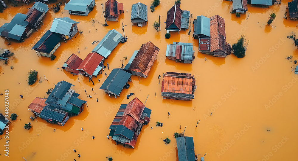Aerial View of an Indonesian Village Submerged Under Floodwater ...