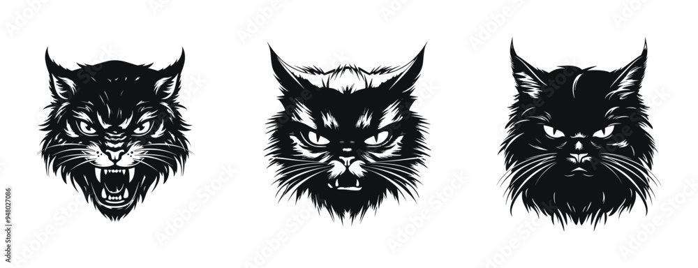 Set of fierce wild cat head, detailed vector illustration. Aggressive ...
