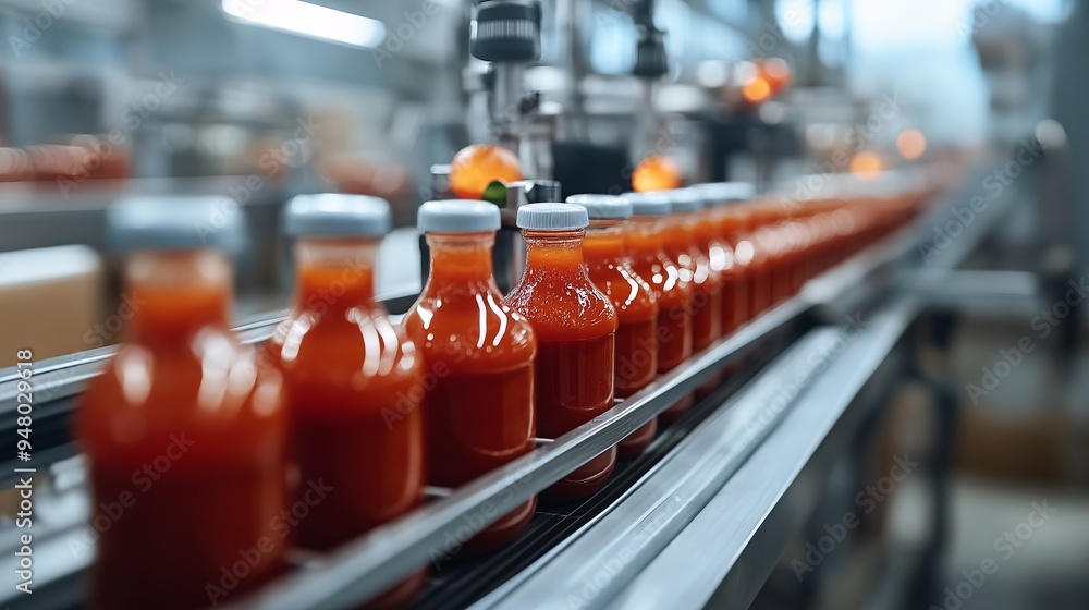 Bottles on the Assembly Line: A close-up view of a modern food ...