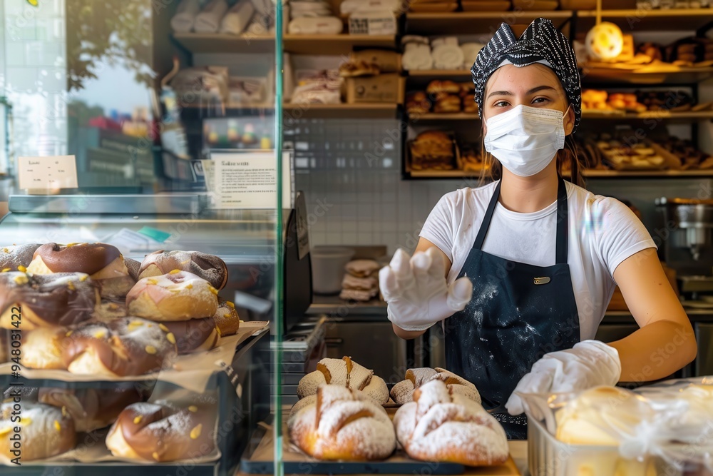 Owner of bakery shop smiling behing her mask. Owner of bakery shop ...