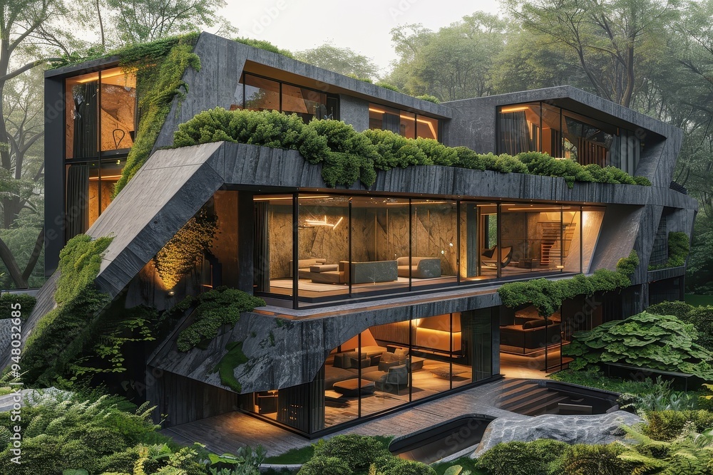 Depicts a sustainable and eco-friendly modern home, blending seamlessly ...