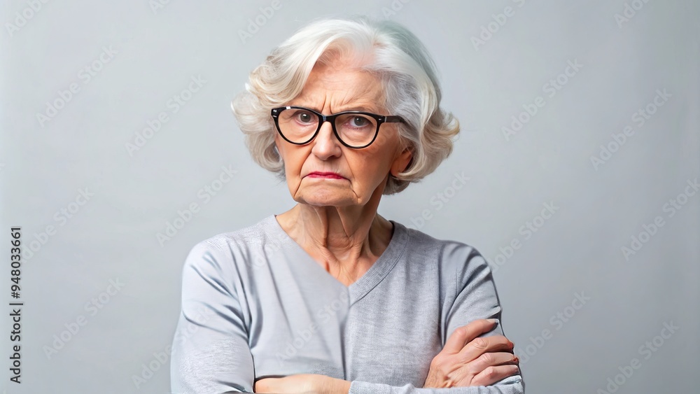 Frustrated elderly lady with silver hair and glasses scowls, crossing ...