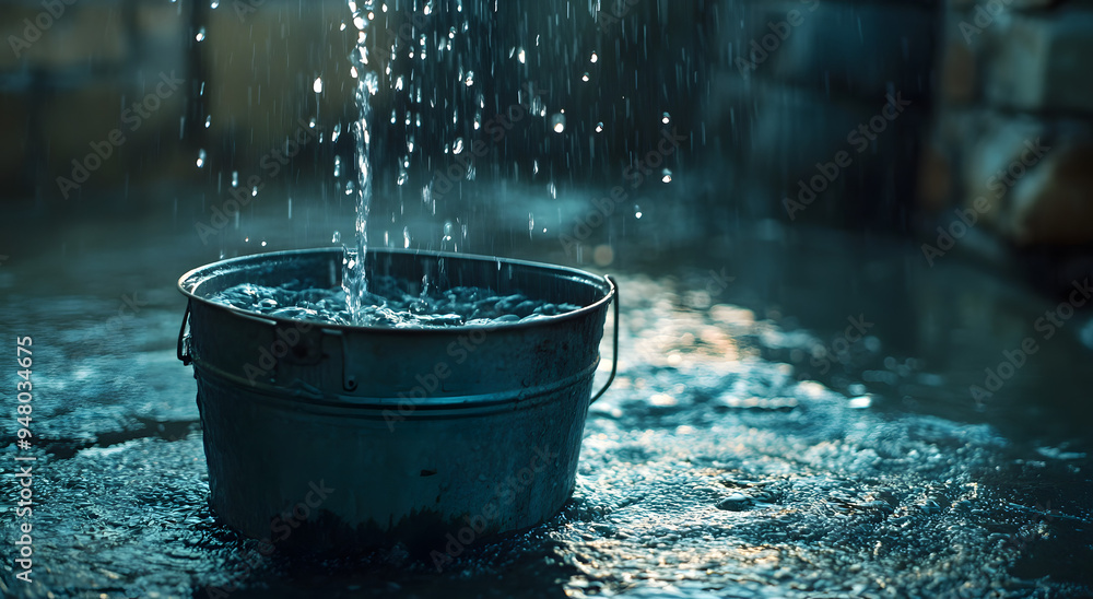 A Bucket Full of Water Splashing in the Rain, Pouring Down and Creating ...
