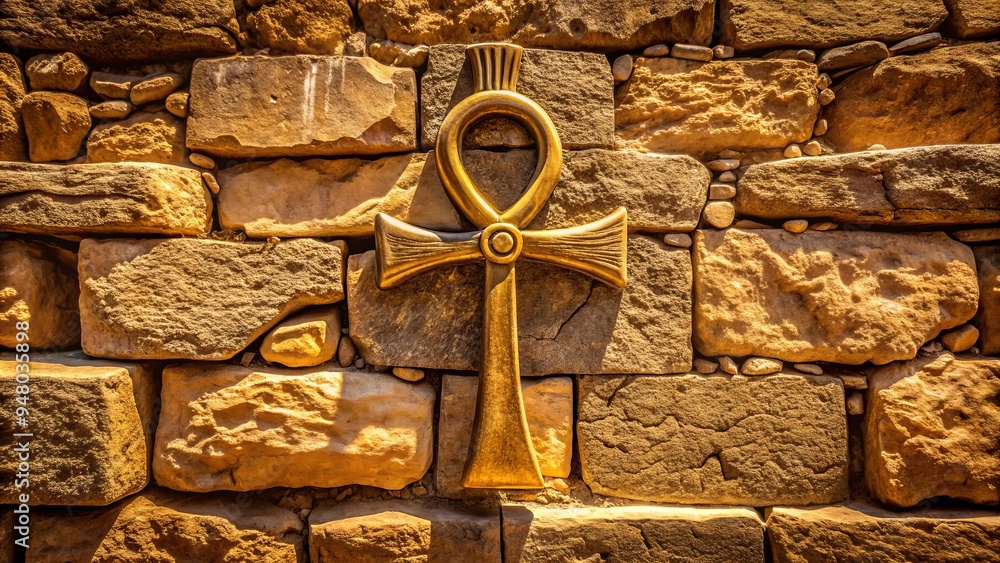 golden ankh, was sceptre, and eye of Horus symbols adorn a weathered ...