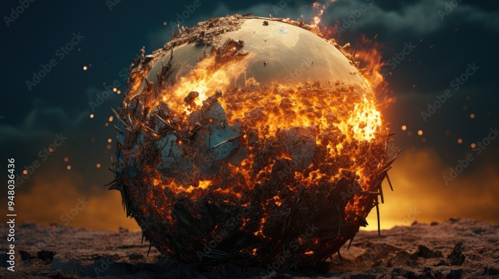 Carbonized Earth globe destroyed by fire, collapsing and burning on glowing embers. Conceptual ...