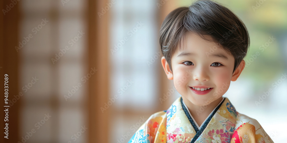 Young japanese boy in traditional kimono smiles broadly while ...