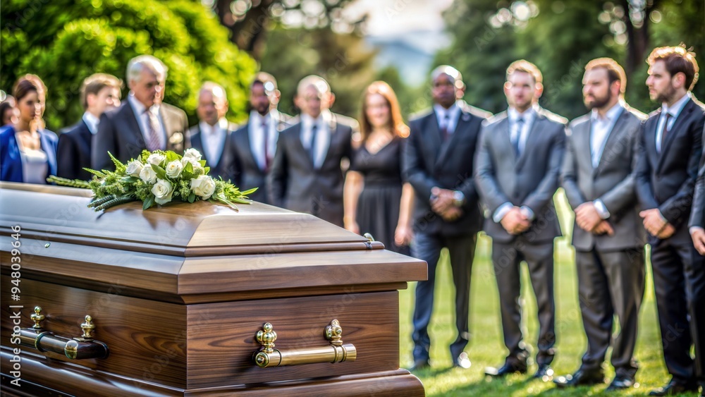 Group of Mourners Standing by a Casket at an Outdoor Funeral Service ...