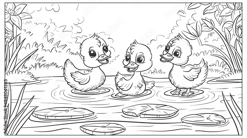 happy ducks coloring page, duckly cartoon playing in the water, scene ...