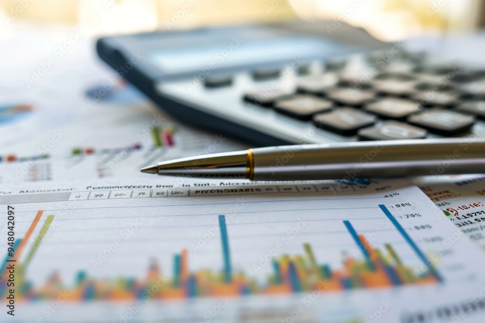 Financial analyst is analyzing charts and using a calculator to perform ...