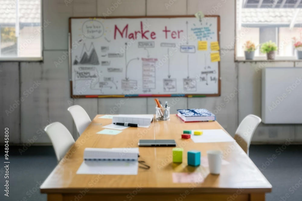 Marketing strategy written on a whiteboard in a boardroom at the office ...