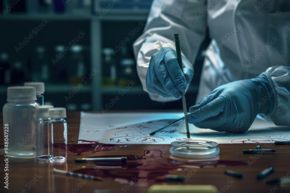 Forensic scientist working at the crime scene. A 9mm bullet collecting ...