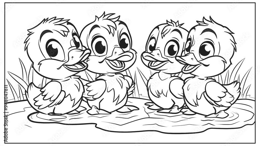 ภาพประกอบสต็อก happy ducks coloring page, duckly cartoon playing in the ...