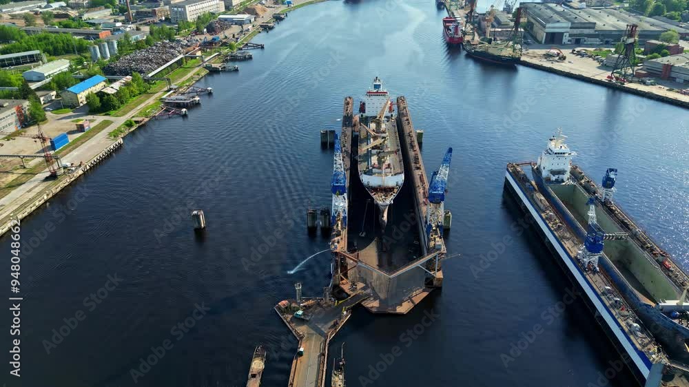 An expansive aerial view of a large industrial shipyard showing vessels ...