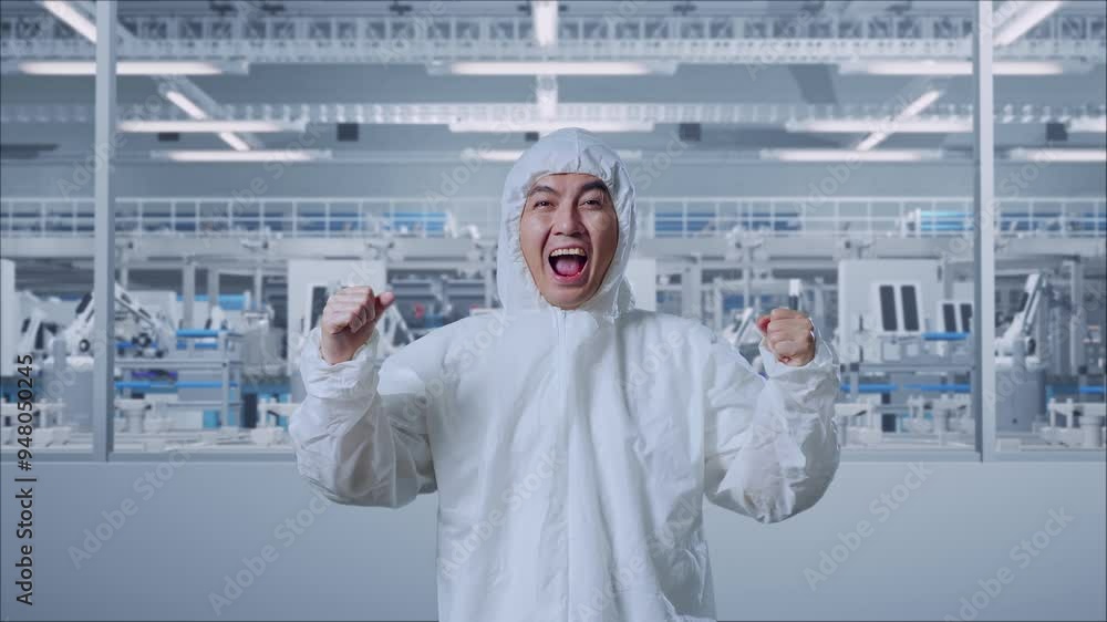 Asian Male Scientist Celebrating The Succeed While Standing In Modern ...