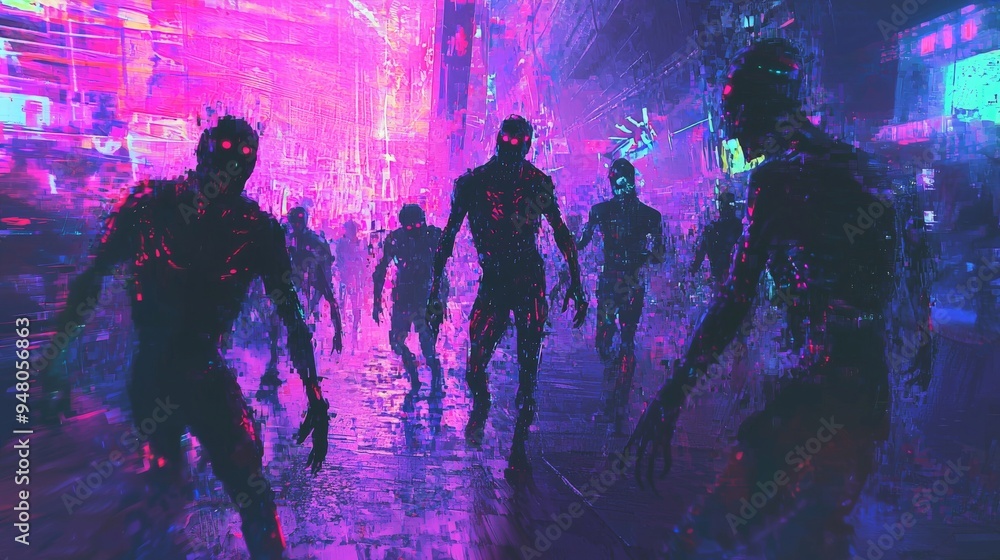 An abstract representation of cyberpunk zombies, using neon colors and ...