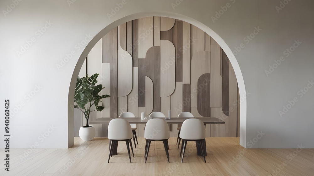 A minimalist interior design of a modern dining room with an abstract ...