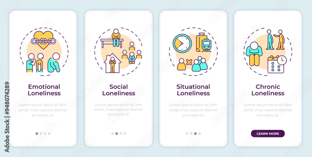 Forms of loneliness onboarding mobile app screen. Self isolation ...