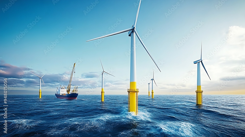 Offshore wind farm with turbines and construction vessel in clear sky ...