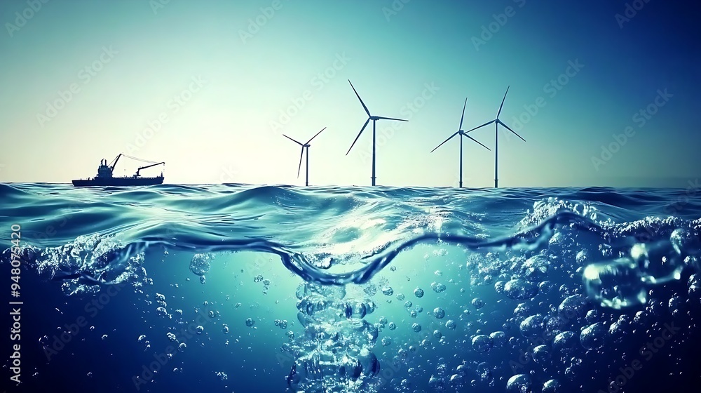 Offshore wind farm with turbines and construction vessel in clear sky ...