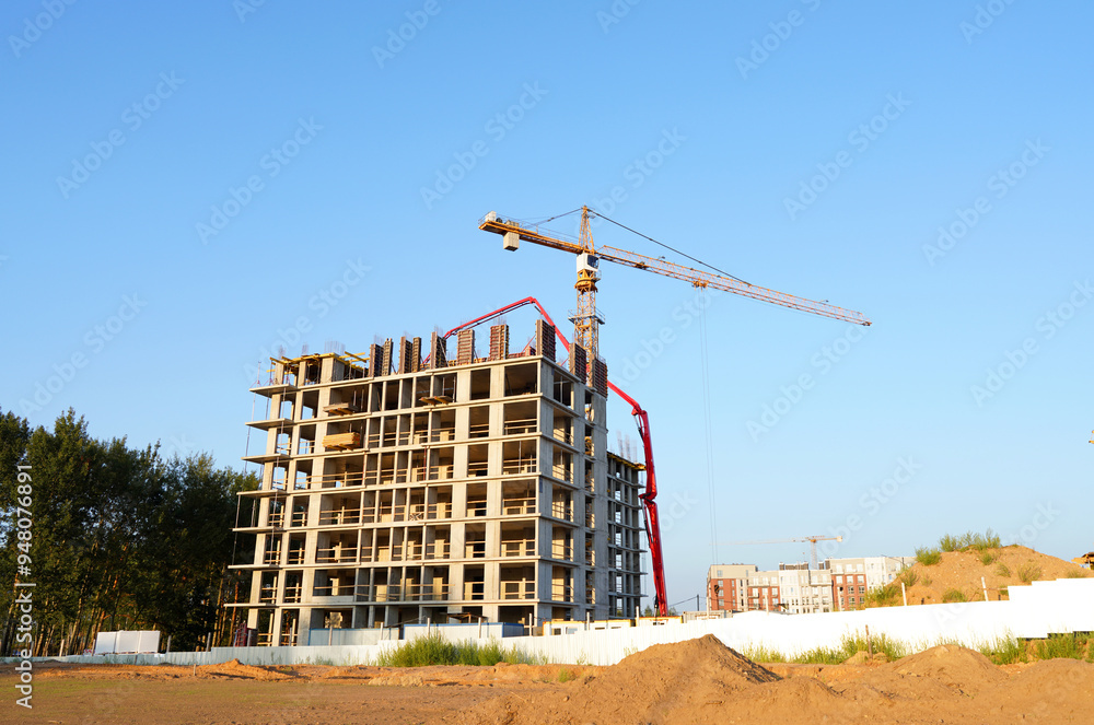 Formworks on construction site. Building construction. Pouring concrete ...
