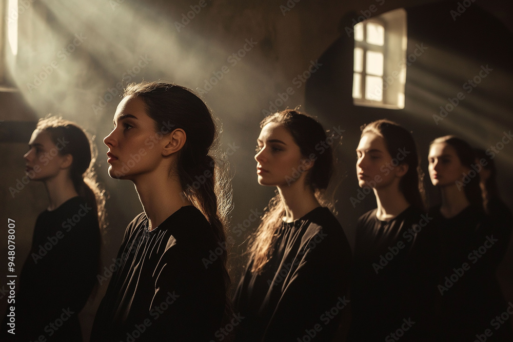 Novice girls in a monastery at prayer. Beautiful young girls in black ...