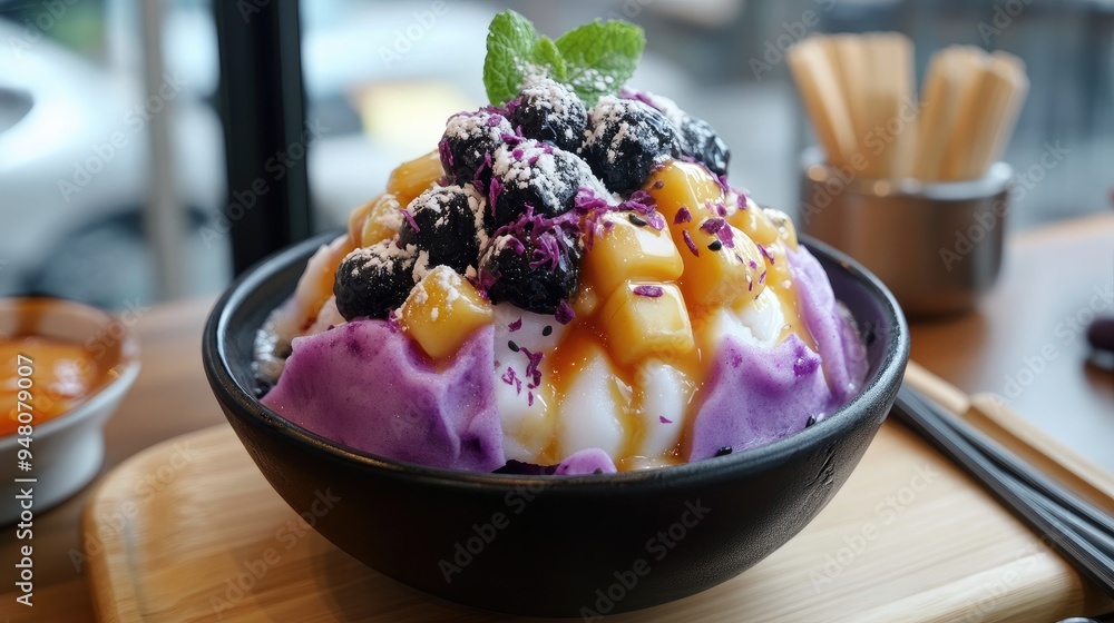 Taro bingsu topped with taro puree, mochi, and a drizzle of condensed ...