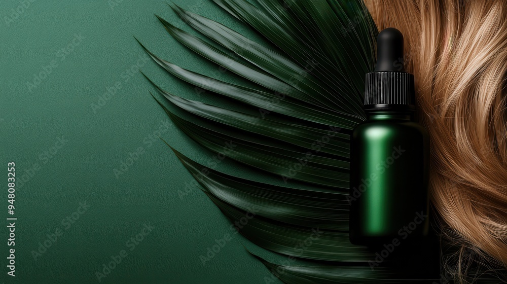 This image displays a green dropper bottle placed on top of a palm leaf ...
