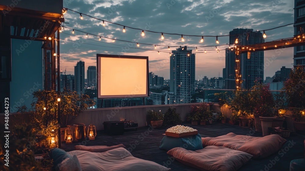 A rooftop cinema setup with a projector, bean bags, and popcorn, ready ...