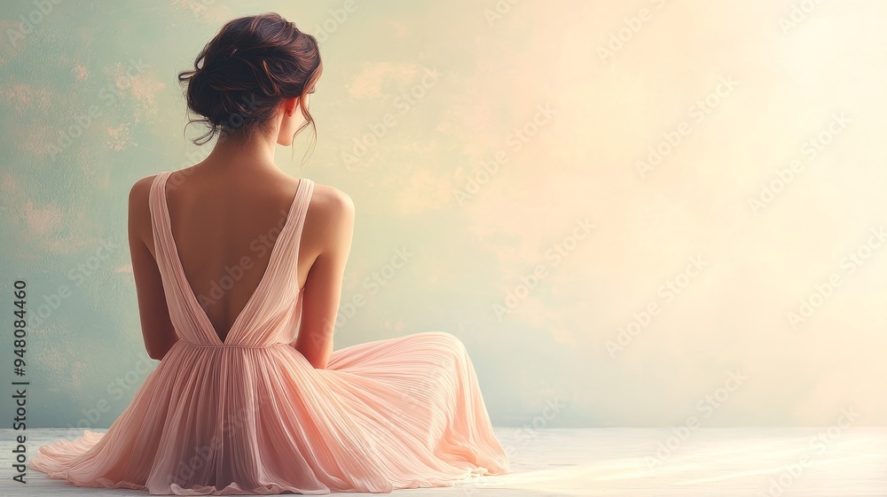 An elegant depiction of a person seated gracefully in a demure pose ...