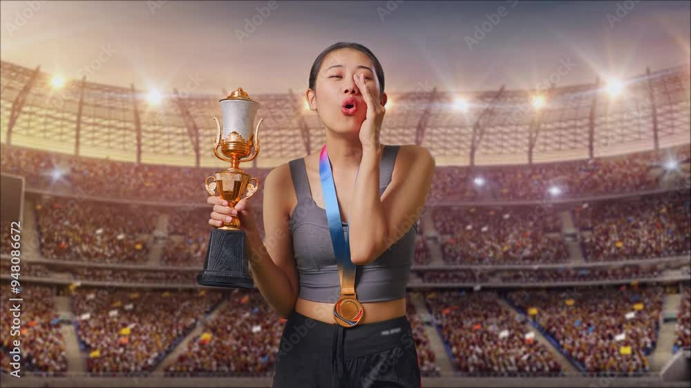 Asian Woman With A Gold Medal Holding A Gold Trophy And Yelling ...