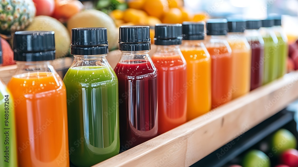 Modern juice bar setup with colorful juice bottles, vibrant urban cafe ...